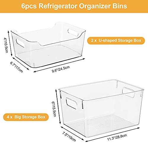 Set of 6 Clear Plastic Organizer Storage Bins, Perfect Kitchen Organization or Pantry Storage - Fridge Organizer, Cabinet Storage Bins for Kitchen, Countertops, Bedrooms, Bathrooms