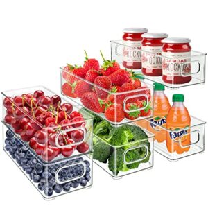 set of 6 plastic refrigerator organizer bins, clear stackable food storage bins for fridge, freezer, kitchen cabinet, pantry organization, bpa free fridge organizer