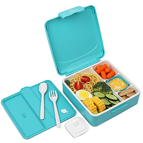 Wagindd Bento Lunch Box for Kids, Leak-proof Bento-style Kid Snack Containers with 4 Compartments, Bento Boxes with Utensils and Handle for School