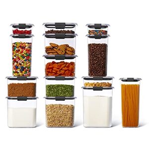 rubbermaid 28-piece brilliance food storage containers for pantry with lids for flour, sugar, and pasta, dishwasher safe, clear/grey