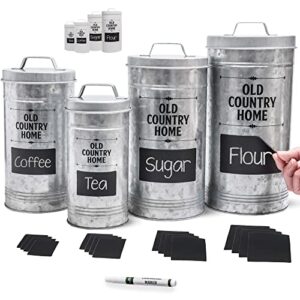 saratoga home farmhouse canister set for kitchen coffee tea sugar container set with labels & marker, 4 airtight galvanized rustic tin metal flour sugar canister sets for kitchen counter, silver