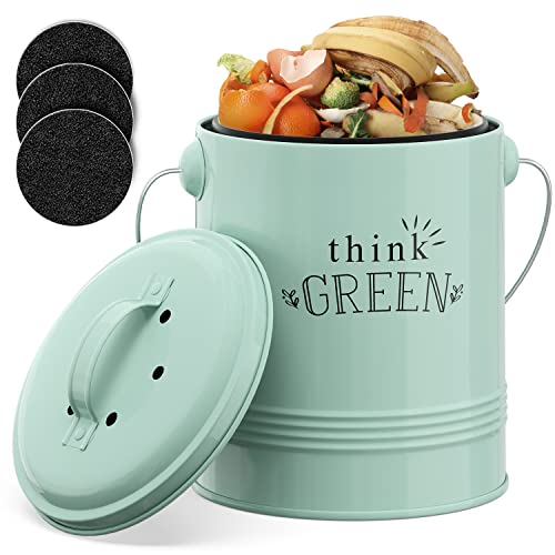 Barnyard Designs Kitchen Compost Bin Kitchen Counter Indoor Compost Bin, Countertop Compost Bin with Lid, Composting Bin Food Waste Composter Bin Cycler Bucket with Filter, 1.2 Gallon 7”x9.5”, Mint