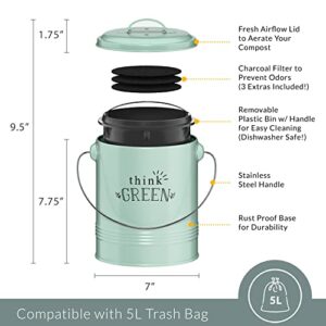 Barnyard Designs Kitchen Compost Bin Kitchen Counter Indoor Compost Bin, Countertop Compost Bin with Lid, Composting Bin Food Waste Composter Bin Cycler Bucket with Filter, 1.2 Gallon 7”x9.5”, Mint