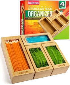 kalewa wooden ziplock bag organizer for drawer – bamboo kitchen accessories set – storage bag organizer kitchen drawer compatible with ziploc, hefty for gallon, quart, sandwich, snack