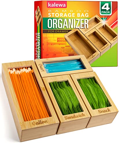 KALEWA Wooden Ziplock Bag Organizer for Drawer - Bamboo Kitchen Accessories Set - Storage Bag Organizer Kitchen Drawer Compatible with Ziploc, Hefty for Gallon, Quart, Sandwich, Snack