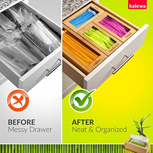 KALEWA Wooden Ziplock Bag Organizer for Drawer - Bamboo Kitchen Accessories Set - Storage Bag Organizer Kitchen Drawer Compatible with Ziploc, Hefty for Gallon, Quart, Sandwich, Snack