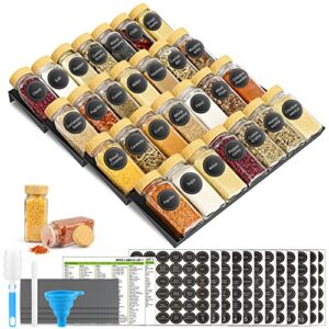 spice drawer organizer, spice rack with 28 spice jars, 386 labels, marker & funnel, 4 tier heavy gauge steel seasoning organizer tray for kitchen drawer, cabinets, countertop, 13.4″ wide x 18.7″ deep