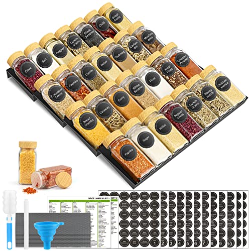 Spice Drawer Organizer, Spice Rack with 28 Spice Jars, 386 Labels, Marker & Funnel, 4 Tier Heavy Gauge Steel Seasoning Organizer Tray for Kitchen Drawer, Cabinets, Countertop, 13.4" Wide x 18.7" Deep