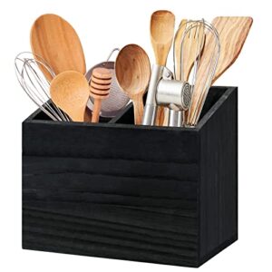 y&me ym kitchen utensil caddy with 2 compartments, rustic kitchen utensil holder wood utensil organizer box, farmhouse utensil crock flatware organizers, cutlery storage box for kitchen (black)