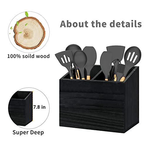 Y&ME YM Kitchen Utensil Caddy With 2 Compartments, Rustic Kitchen Utensil Holder Wood Utensil Organizer Box, Farmhouse Utensil Crock Flatware Organizers, Cutlery Storage Box For Kitchen (Black)