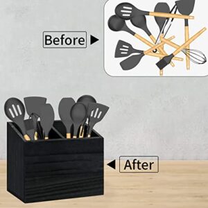 Y&ME YM Kitchen Utensil Caddy With 2 Compartments, Rustic Kitchen Utensil Holder Wood Utensil Organizer Box, Farmhouse Utensil Crock Flatware Organizers, Cutlery Storage Box For Kitchen (Black)