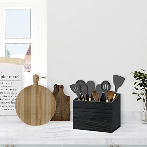 Y&ME YM Kitchen Utensil Caddy With 2 Compartments, Rustic Kitchen Utensil Holder Wood Utensil Organizer Box, Farmhouse Utensil Crock Flatware Organizers, Cutlery Storage Box For Kitchen (Black)