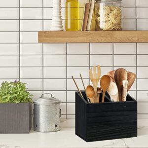 Y&ME YM Kitchen Utensil Caddy With 2 Compartments, Rustic Kitchen Utensil Holder Wood Utensil Organizer Box, Farmhouse Utensil Crock Flatware Organizers, Cutlery Storage Box For Kitchen (Black)