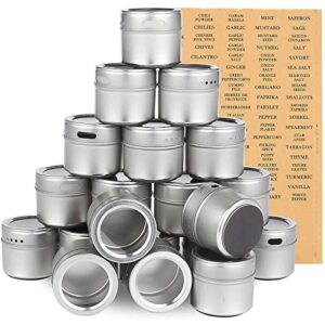 juvale set of 20 magnetic spice containers storage tins with clear sift and pour lids, 94 labels, 3.4 oz metal seasoning jars for refrigerator