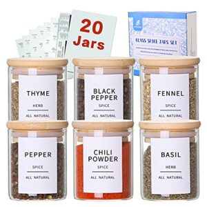 glass spice jars with bamboo lids – 20 pcs thicken(2.4mm) 4oz airtight seasoning containers with 131 waterproof minimalist spice labels preprinted – small herb jars for pantry organization and storage