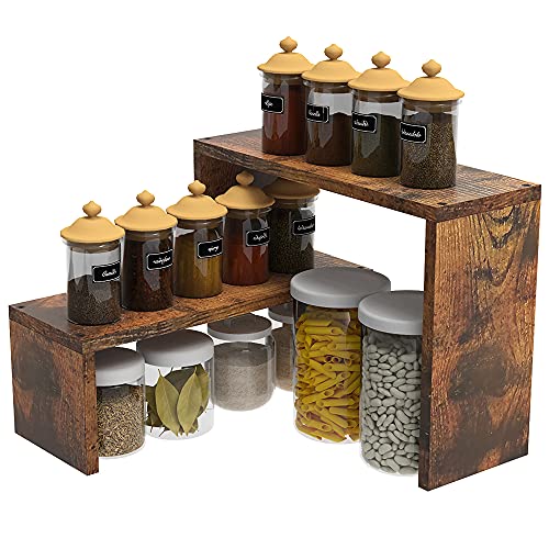 GiftGo 2 Tier Stackable Expandable Corner Spice Rack for Kitchen Countertop Cabinet & Pantry Organizer Rustic Brown Wooden Corner Shelf Rack for Desktop Storage