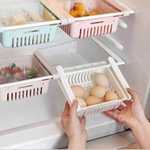 fridge drawer organizer 4 pack retractable drawer refrigerator storage box,unique design pull out bins, fridge shelf holder storage box, small size, fit for under 0.5” fridge shelf