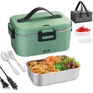 75w electric lunch box food heater, 1.8l large capacity heated lunch boxes for adults/work/car/office, 3 in 1 12v/24v/110v food warmer lunch box with fork/spoon and insulated carry bag (dark green)