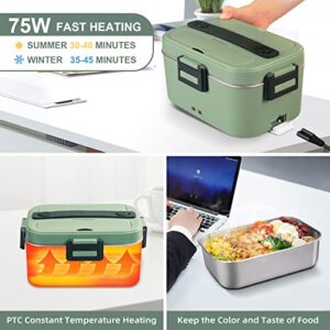 75W Electric Lunch Box Food Heater, 1.8L Large Capacity Heated Lunch Boxes for Adults/Work/Car/Office, 3 in 1 12V/24V/110V Food Warmer Lunch Box with Fork/Spoon and Insulated Carry Bag (Dark Green)