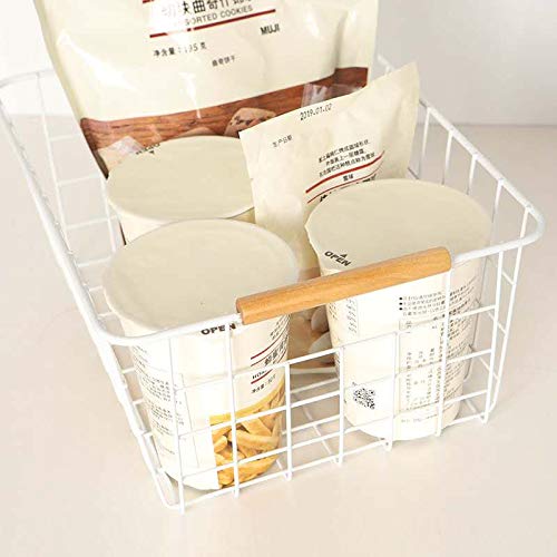 LeleCAT wire white baskets with Wooden Handles Storage Organizer Baskets, Household Refrigerator for Cabinets, Pantry, Closets, Bedrooms, kitchen - Set of 2（White）