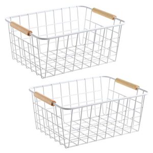 lelecat wire white baskets with wooden handles storage organizer baskets, household refrigerator for cabinets, pantry, closets, bedrooms, kitchen – set of 2（white）