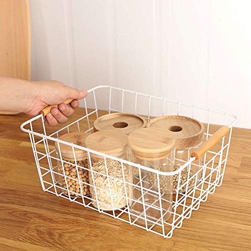 LeleCAT wire white baskets with Wooden Handles Storage Organizer Baskets, Household Refrigerator for Cabinets, Pantry, Closets, Bedrooms, kitchen - Set of 2（White）