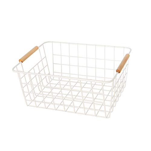 LeleCAT wire white baskets with Wooden Handles Storage Organizer Baskets, Household Refrigerator for Cabinets, Pantry, Closets, Bedrooms, kitchen - Set of 2（White）