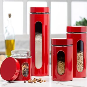 quality modern red stainless steel canister set for kitchen counter with glass window & airtight lid – food storage containers with lids airtight – pantry storage and organization set