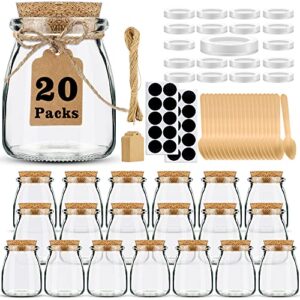 folinstall 7oz small glass jars with cork lids, 20 pack yogurt container with pe lids for candy, cake, pudding, yogurt, jam, empty candle jars for candle making, with spoons, labels, tags