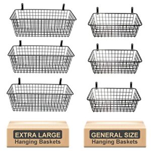 joben oligey 6 set (2 size) hanging wire baskets ,wall mount fruit basket,no drilling,adhesive metal basket,farmhouse food storage mesh bin kitchen pantry laundry bathroom closet garage rv ,black