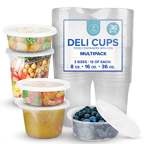 Deli Containers with Lids - Food Storage Containers - Clear Freezer Containers | 36-Pack BPA Free Plastic 8, 16, 32 oz | Cup Pint Quart set | Great for Soup, Meal Prep, Portion Control, Slime and More