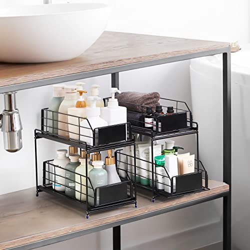 CADUKE Under Sink Rack Organizer with Sliding Drawers Basket Storage, 2 Tier Bathroom Under Cabinet Basket Organizers, 2 Pack Bath Under Sink Storage With Pull Out Metal Drawers, Black