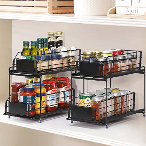 CADUKE Under Sink Rack Organizer with Sliding Drawers Basket Storage, 2 Tier Bathroom Under Cabinet Basket Organizers, 2 Pack Bath Under Sink Storage With Pull Out Metal Drawers, Black