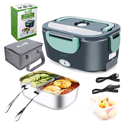 Budth 80W Electric Lunch Box, Portable Food Warmer for Car Truck Office Construction Site, 12V 24V 110-230V Adapter, Leak Proof, 304 Stainless Steel Container, SS fork & Spoon and Carry Bag (Green)