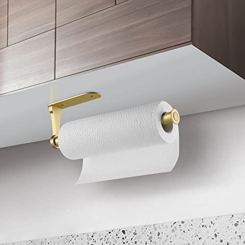 Paper Towel Holder, Self Adhesive or Screw Mounting, Deymogs Under Cabinet Paper Towel Holder, Gold Paper Towel Holder Wall Mount for Kitchen, Pantry, Sink, Bathroom