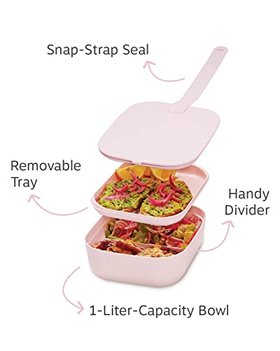 W&P Porter Lunch Box, 3 Compartment Bento Box Style Portable Adult Lunch Box with Snap Strap- Food Container, BPA Free, Dishwasher and Microwave Safe, Blush, Medium