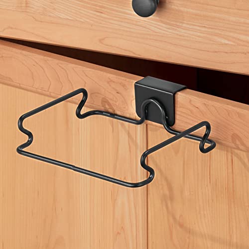 mDesign Over The Cabinet Metal Wire Small Garbage Container, Trash Bag Holder Rack for Recycled Reusable Disposable Plastic Shopping Grocery Bags for Kitchen, Pantry, Garage, Bathroom - Matte Black