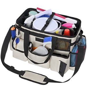 Cleaning Caddy Organizer with Handle - Large Caddy Bag for House & Bathroom Cleaning Supplies, 15 x 8 x 10.5 inches Cleaning Supply Caddy, Housekeeping Tote with Adjustable Strap - Beige