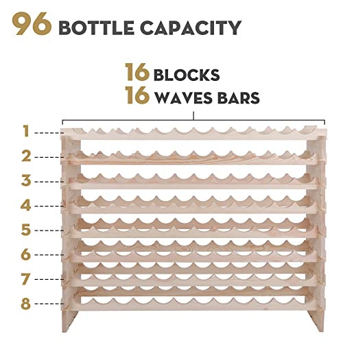 Smartxchoices Stackable Modular Wine Rack 96 Bottle Wooden Wine Storage Rack Freestanding Wine Holder Display Shelves, Wobble-Free, Solid Wood, (Eight-Tier, 96 Bottle Capacity)