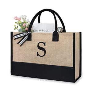 topdesign initial jute/canvas tote bag, personalized present bag, suitable for wedding, birthday, beach, holiday, is a great gift for women, mom, teachers, friends, bridesmaids (letter s)