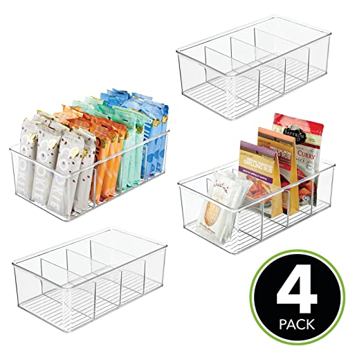 mDesign Plastic Food Storage Organizer Bin Box Container - 4 Compartment Holder for Packets, Pouches, Ideal for Kitchen, Pantry, Fridge, Countertop Organization - 4 Pack - Clear