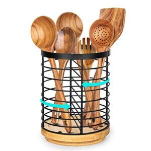 toosci utensil holder for kitchen counter, cooking utensils holder, black metal+wooden base utensil holder, breathable and easy to dry+rotatable+drainage holes, kitchen countertop utensil organizer