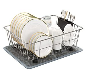 dolris dish drying rack, dish drainer for kitchen counter, sus304 stainless steel dish rack with utensil holder and dish drying mat, silver