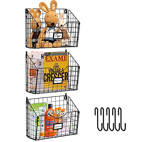 Hanging Metal Wire Storage Basket - X-cosrack 3 Tier Office Wall File Organizer With Hook & Foldable Magazine Mail Document Rack & Bathroom Kitchen Vegetable Fruit Spice Baskets Organizing and Storage