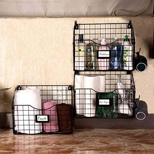 Hanging Metal Wire Storage Basket - X-cosrack 3 Tier Office Wall File Organizer With Hook & Foldable Magazine Mail Document Rack & Bathroom Kitchen Vegetable Fruit Spice Baskets Organizing and Storage