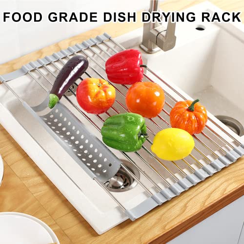 NileHome Roll Up Dish Drying Rack, Sink Drying Rack Over Sink Dish Drying Rack 304 Stainless Steel Foldable Drain Rack for Kitchen Sink Counter Utensils Vegetables and Fruits (17.5''X13'')，Gray…