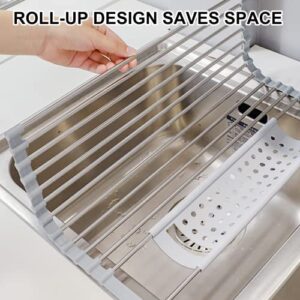 NileHome Roll Up Dish Drying Rack, Sink Drying Rack Over Sink Dish Drying Rack 304 Stainless Steel Foldable Drain Rack for Kitchen Sink Counter Utensils Vegetables and Fruits (17.5''X13'')，Gray…