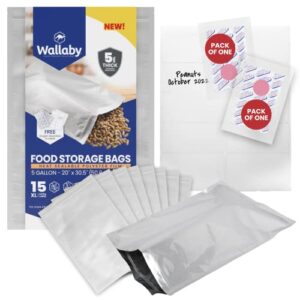 15x 5 gallon wallaby mylar bag bundle – silver (5 mil) with 20 single sealed oxygen absorbers & labels – resealable zipper, fda grade, air-tight, light-blocking, for long term food storage