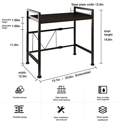 TAGLINES Expandable Metal Microwave Oven Rack Shelf Kitchen Supplies Tableware Storage Carbon Stainless Steel Counter Rice Cooker Stand Contains 2 Tiers with 3 Hooks Black