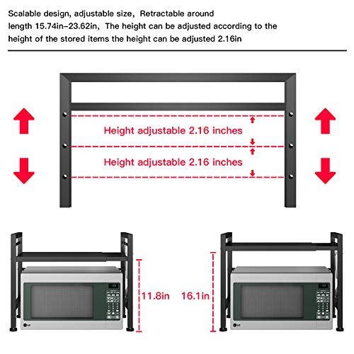 TAGLINES Expandable Metal Microwave Oven Rack Shelf Kitchen Supplies Tableware Storage Carbon Stainless Steel Counter Rice Cooker Stand Contains 2 Tiers with 3 Hooks Black